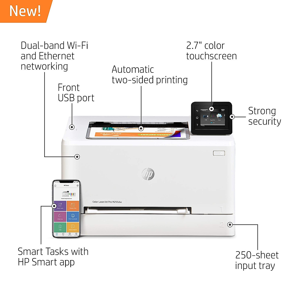 HP Color Laserjet Pro M255dw Wireless Laser Printer, Remote Mobile Print, Duplex Printing (7KW64A), White, One Size (7KW64A#BGJ) (Renewed)