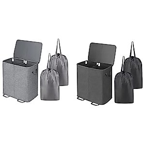 Lifewit Double Laundry Hamper with Lid and Removable Laundry Bags, Large Collapsible 2 Dividers Dirty Clothes Basket with Handles for Bedroom, Laundry Room, Closet, Bathroom, College, Grey and Black