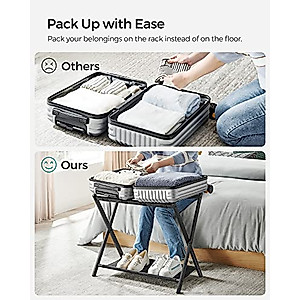 SONGMICS Luggage Rack for Guest Room, Suitcase Stand with Storage Shelf, Steel Frame, Foldable for Easy Storage, Hotel, Bedroom, Black URLR003B01