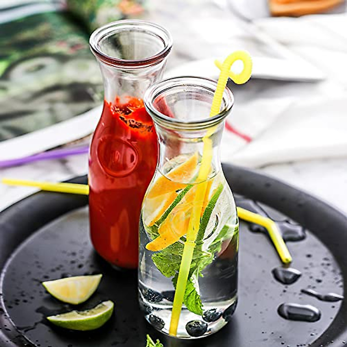 Kingrol 4 Pack Glass Pitchers, 34 Ounces/1 Liter Narrow Neck Glass Carafes for Water, Juicing, Iced Tea, Beverage, Wine, Mimosa Bar Supplies