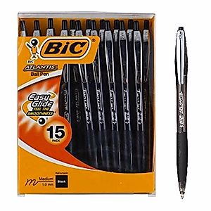 BIC Atlantis Retractable Ballpoint Pen, 1.0mm, Medium Point, Black Ink, Pack of 15