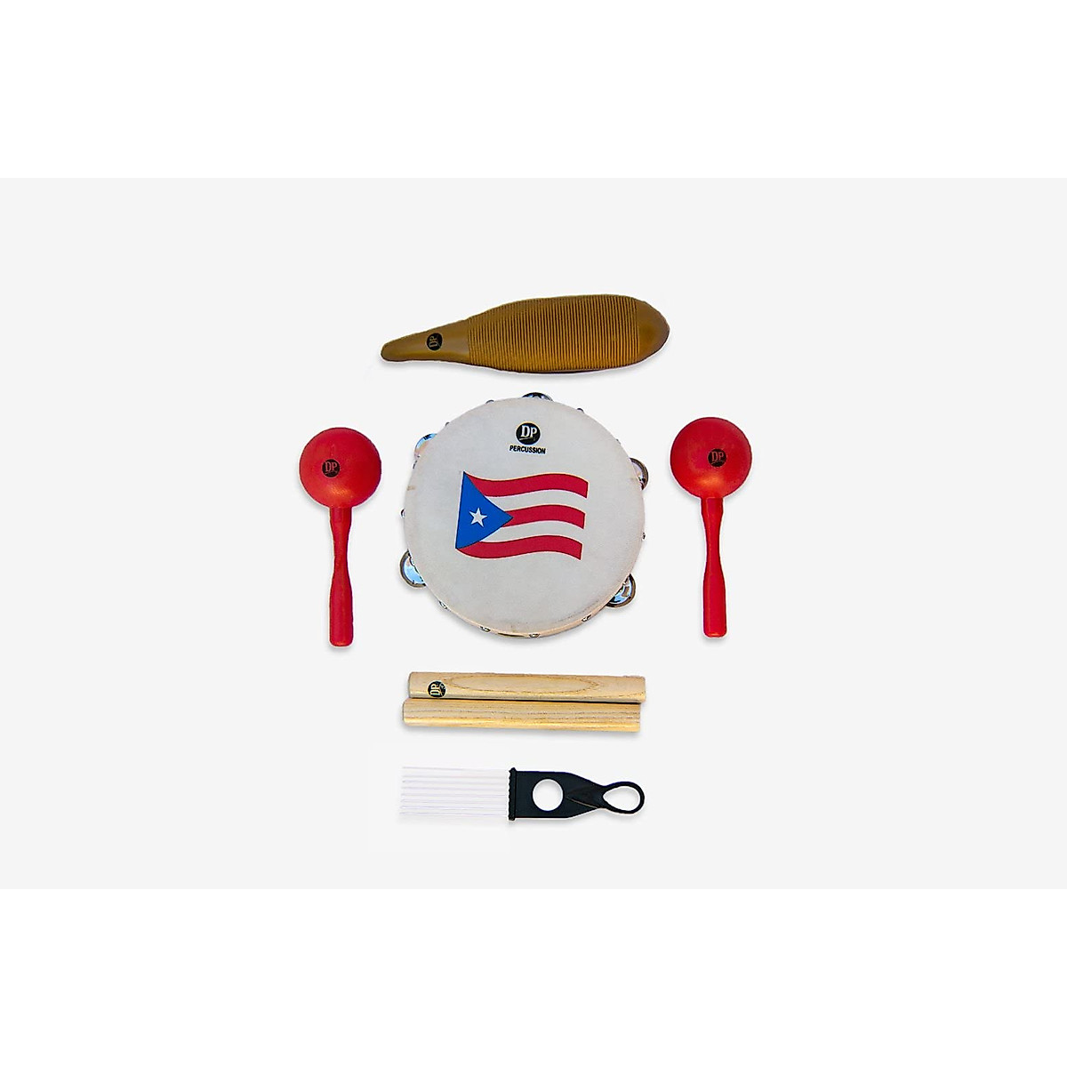 DP Music Parranda Kit Percussion with Carrying Bag - Puerto Rico Flag 8 Inches Tambourine - Claves - Plastic Güiro & Maracas (Maracas Red)