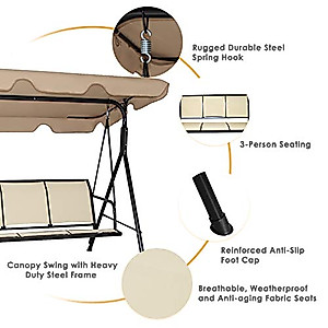 TANGKULA 3 Person Patio Swing, Steel Frame with Polyester Angle Adjustable Canopy, All Weather Resistant Swing Bench, Suitable for Patio, Garden, Poolside, Balcony (Brown)