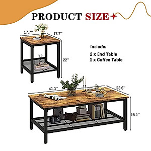 Lamerge 3 Pieces Living Room Table Set, Industrial Coffee Table with 2 Square End Side Tables, Coffee Table Set with Metal Frame for Apartment Home Office, Rustic Brown