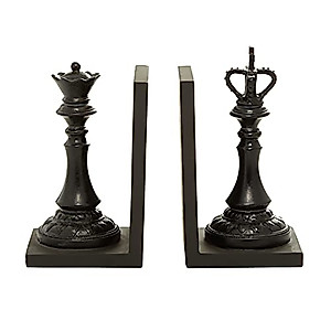 Deco 79 Resin Chess Bookends with King and Queen, Set of 2 5"W, 8"H, Black