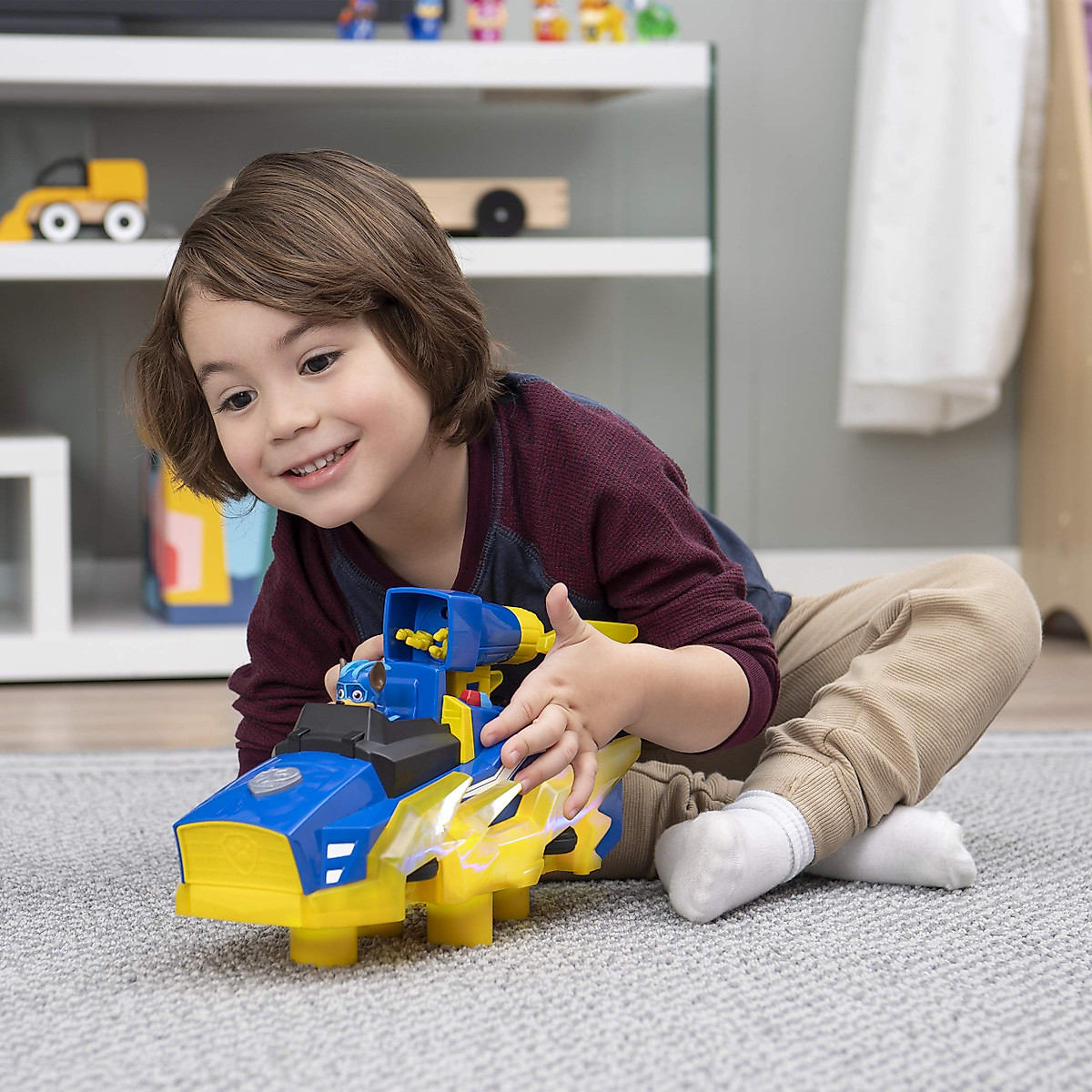 Paw Patrol, Mighty Pups Charged Up Chase Transforming Deluxe Vehicle Preschool Toy with Lights and Sounds
