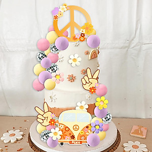 45 PCS Groovy Cake Toppers Boho Cake Topper Hippie Party Decorations with Flower Bus for Girl Birthday Party Boho Groovy Party Supplies (Style 1)