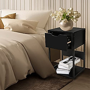 YUSING Nightstand Set of 2, Side Table with Drawer and Storage Shelf, 3-Tier End Table Bedside Table for Bedroom, Living Room, Sofa, Couch, Hall (Black)