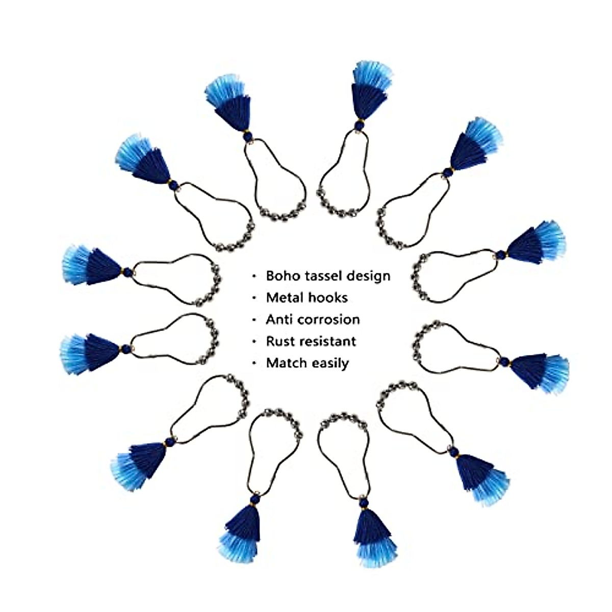 Estmy 12PCS Boho Blue Tassel Shower Curtain Hooks Rings Ombre Bohemian Cute Decorative Shower Rings Hooks for Kids Bathroom Curtain Metal Rust-Proof Bohemian Chic Bathroom Decor Accessories