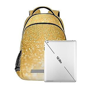 Eionryn Sparkle Gold Glitter Backpack Yellow Bling Laptop Backpacks Book Bags Water Resistant Daypack Durable College Shoulder Bag Sports Travel Day Pack