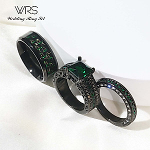 Two Rings His Hers Wedding Ring Sets Couples Matching Rings Women's Black Gold Filled Green CZ Wedding Engagement Ring Bridal Sets Men's Stainless Steel Wedding Band