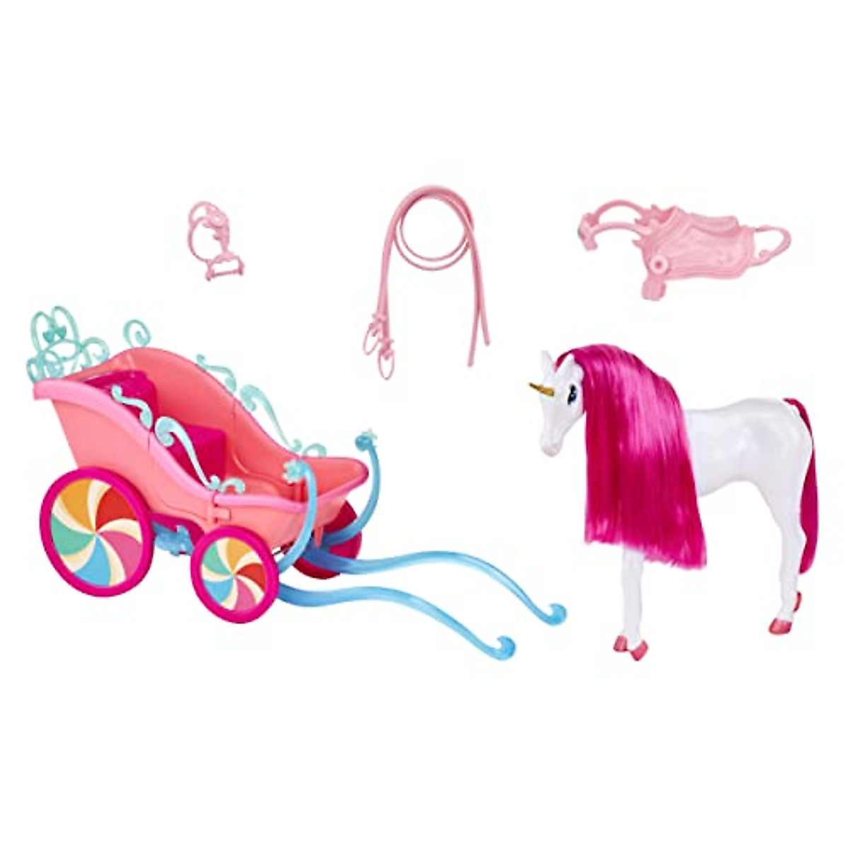 MGA Entertainment Dream Ella Candy Carriage and Unicorn, Pearlized White Unicorn Horse with Gold Glitter Horn, Bright Pink Mane, Pink Bridle, Reins, Saddle, Pink Carriage with Candy Glitter Railing