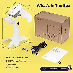 Wireless Bluetooth Barcode Scanner, QR Code Scanner, USB Portable Handheld Scanners w/Stand Connect w/Tablet/Phone/PC, 1D & 2D Inventory Scanner, Symbol Barcode Scanner for Retail & Warehouse, White