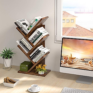 Topfurny Tree Bookshelf, 4-Tier Book Storage Organizer Shelves Floor Standing Bookcase, Wood Storage Rack for Office Home School Shelf Display for Cd/Magazine/Book - Rustic Brown