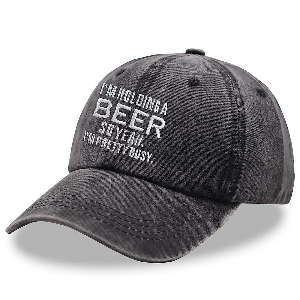 I'm Holding A So Yeah I'm Pretty Busy Hat, Funny Gag Gifts, Embroidered Distressed Adjustable Denim Baseball Cap for Women Men (Embroidered Black, One Size)