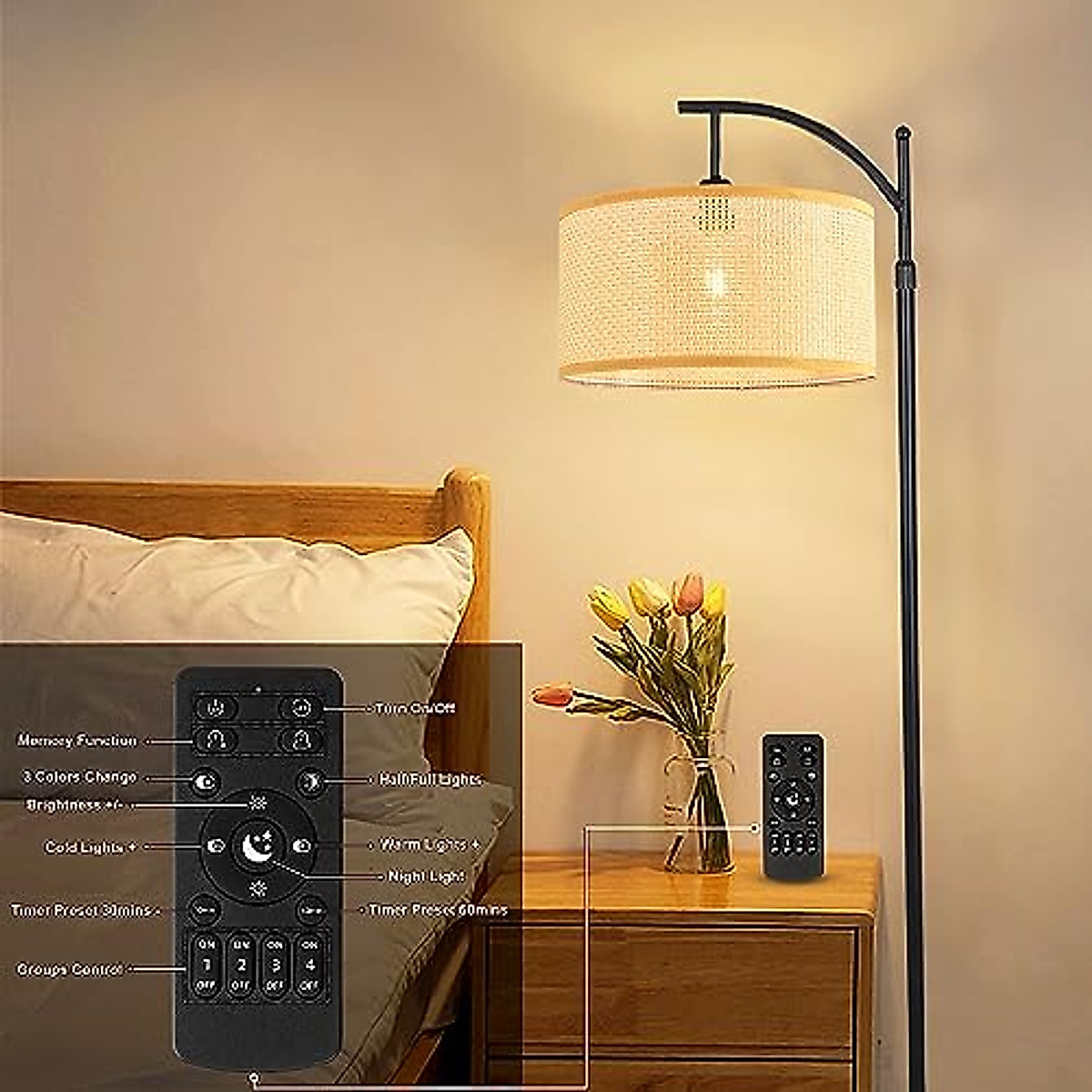 QIYIZM Floor Lamp with Remote Arc Boho Rattan Standing Lamp,Farmhouse Dimmable Industrial Black Wicker Floor Light Rustic Adjustable Tall Lamp,Bamboo Lamp Shade Floor Lamps for Living Room Bedroom