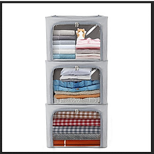 Stackable Clothes Storage Box for Clothing Gadgets,Steel Frame Storage Bins for Bedding Blankets Toys Gift,Foldable Oxford Fabric Closet Organizer Bag Set with Carry Handles and Clear Window (Large- 66L x3 Pack, Grey)