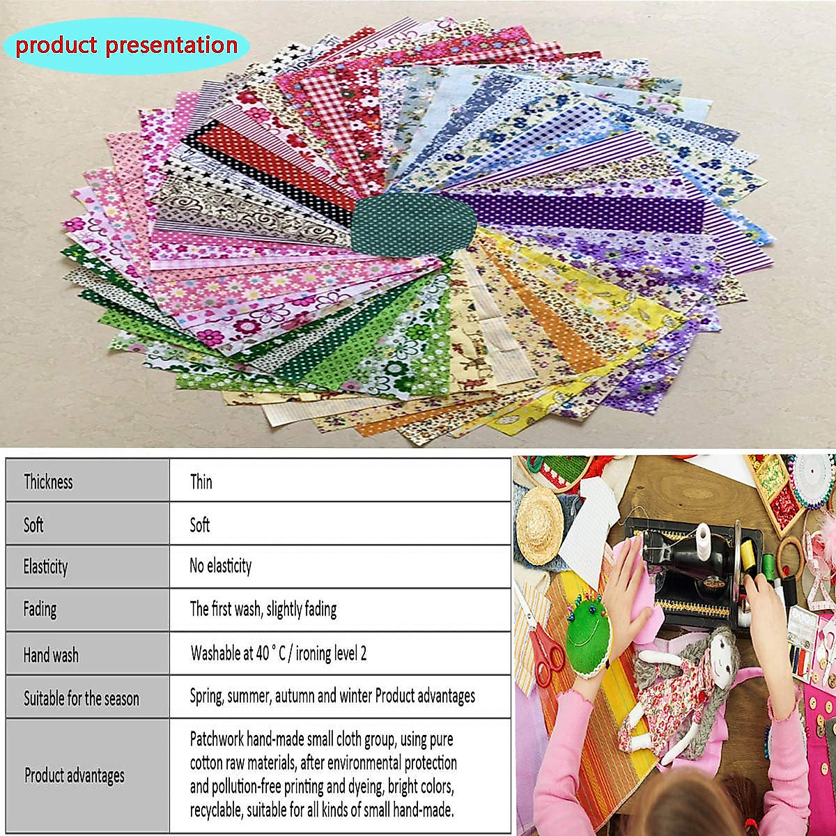 50 Pcs 4" x 4" Craft Fabric, Craft Bundle Patchwork, Pre-Cut Quilt Squares, Quilting Fabric Bundles with Sewing Kit for DIY Artcraft Pattern