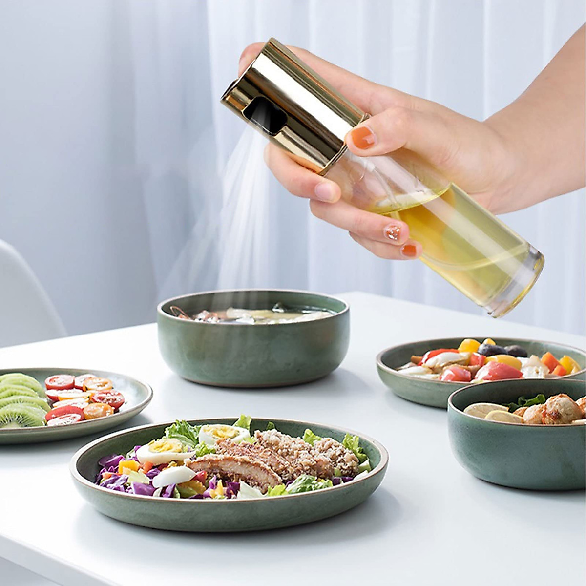 Oil Sprayer for Cooking, Glass Olive Oil Sprayer Mister, Olive Oil Spritzer, Prevenrt Slipping Olive Oil Spray Bottle for Kitchen, Air Fryer, Salad, Baking, Grilling, Rose Gold