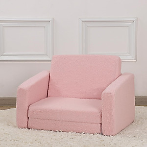 Flip Out Foam Kid Sofa Chair,2 in 1 Convertible Sofa to Lounger for Childrens up to 3 Years,Sherpa Flip Open Toddler Sofa Couch for Kid Play， for Baby Gifts (22.04" W) (Pink)