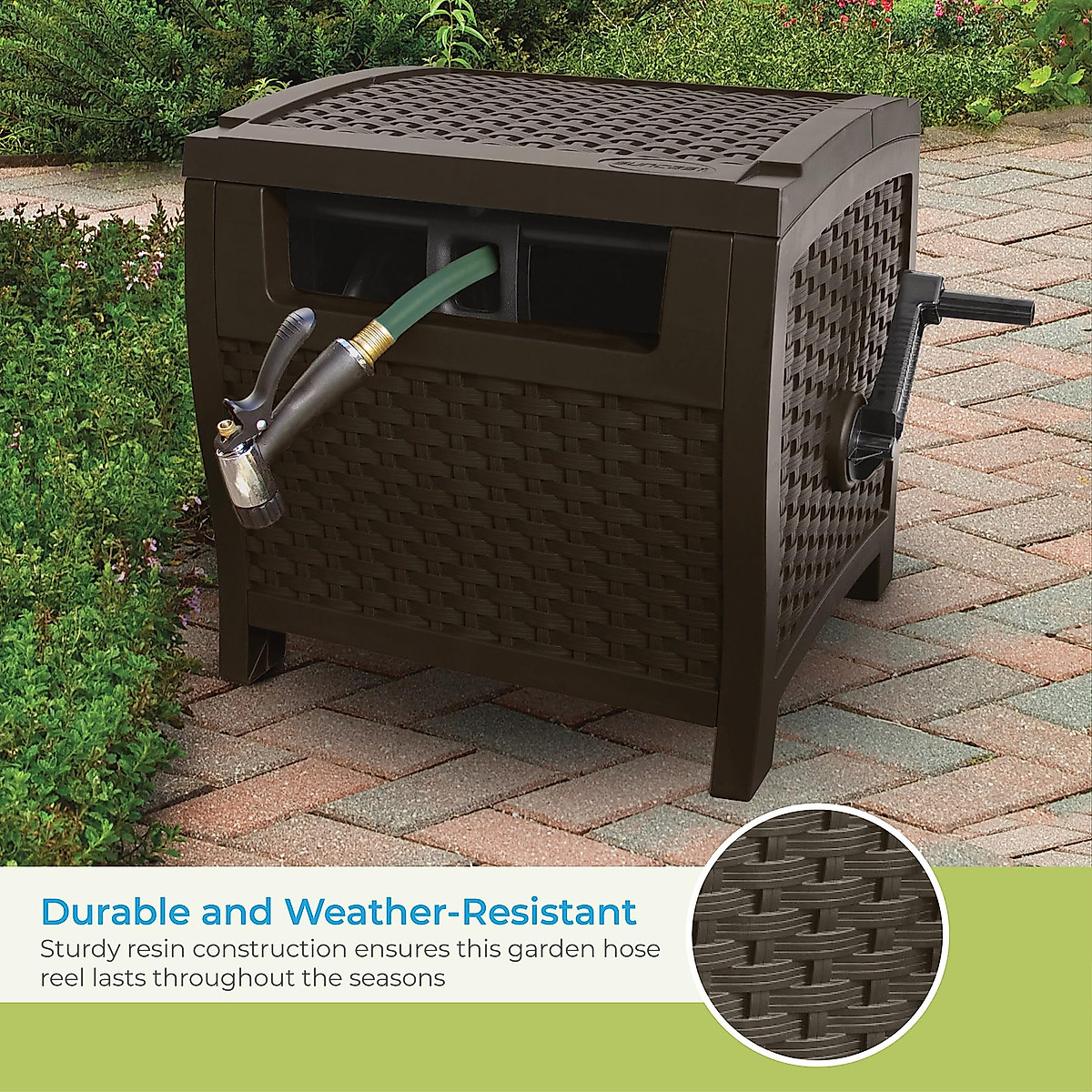 Suncast 175 ft. Wicker Style Resin Hose Hideaway with Hose Guide, Java