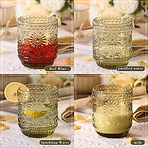 Airsky Set of 6 Olive Green Vintage Drinking Glassware- 12OZ Green Glass Drinking Cups, Thick Farmhouse Drinking Glasses, Embossed Kitchen Glassware for Soda Lemonade Cocktail Wine, Dishwasher Safe
