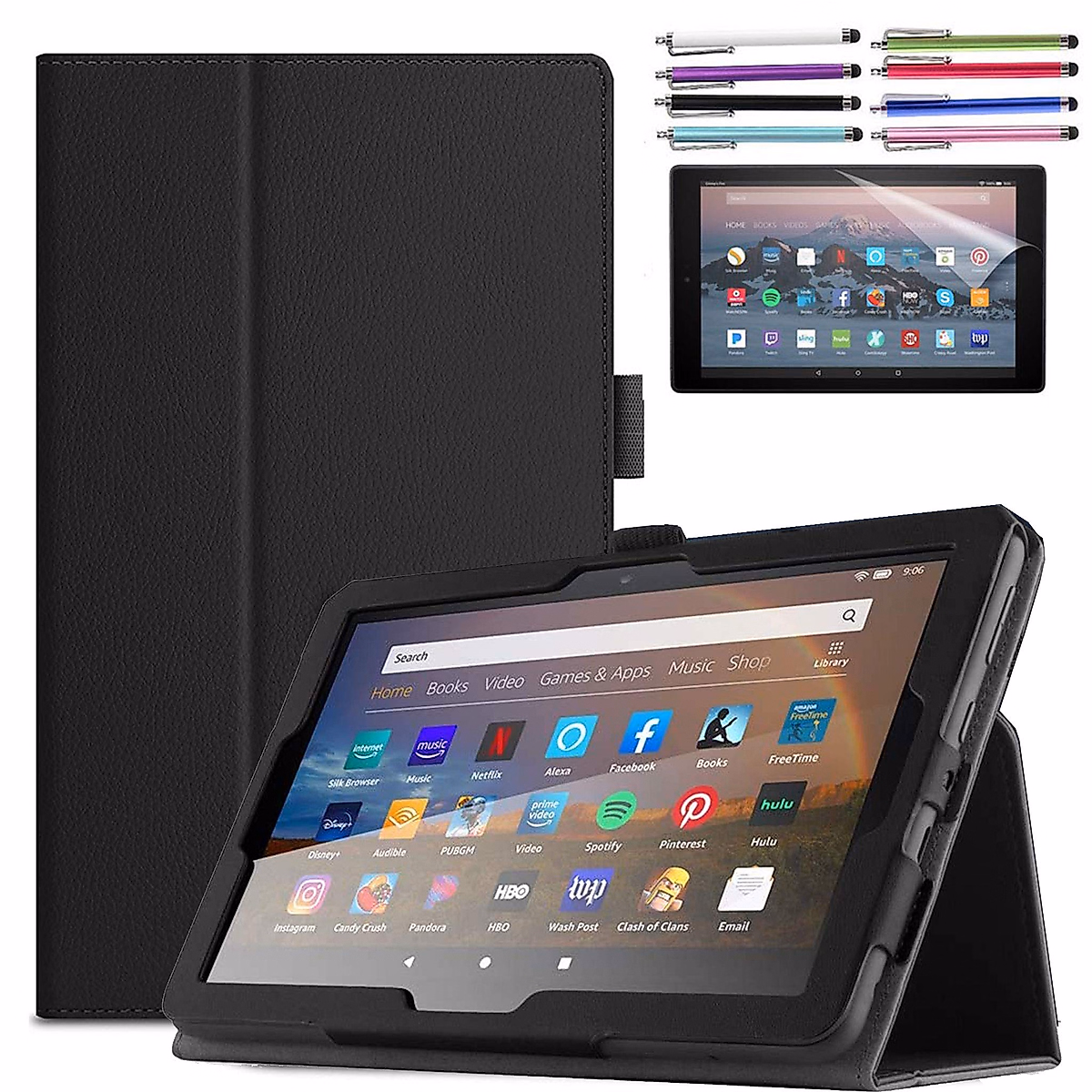 EpicGadget Case for Amazon Fire HD 8 / Fire HD 8 Plus (12th/10th Generation, 2022/2020 Released) - Lightweight Auto Wake/Sleep Folio Stand Cover Case + 1 Screen Protector and 1 Stylus (Black)
