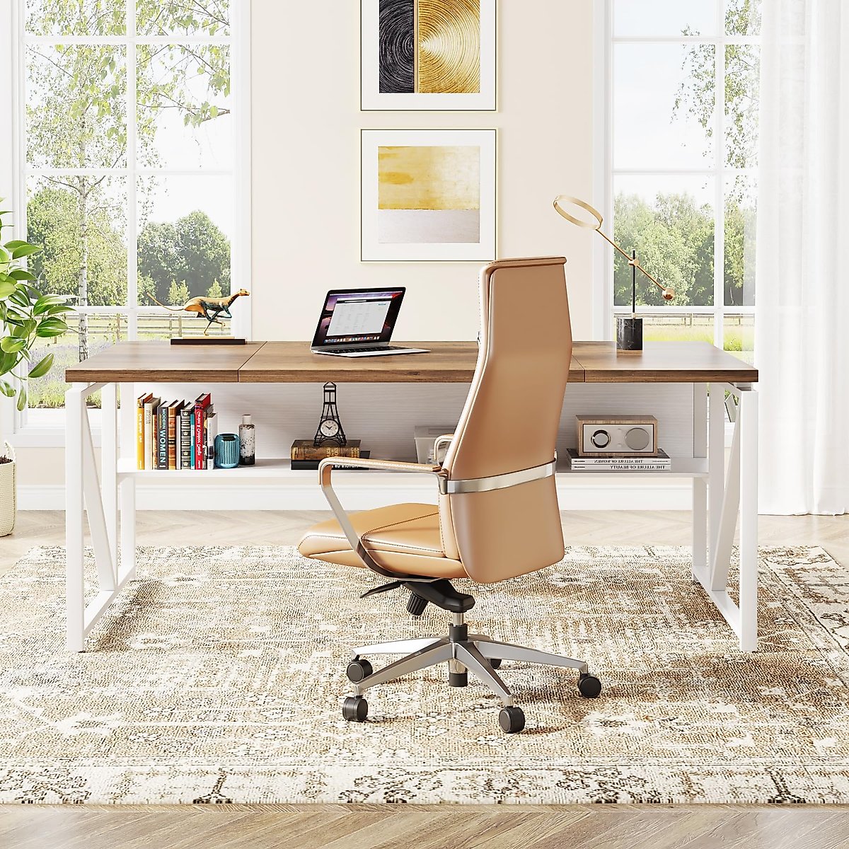Tribesigns 63 inches Computer Desk with Bottom Storage Shelf Home Office Desk Writing Table for Workstation,Dark Walnut + Steel Leg， Cabinet not Included (Light Walnut, 63-inch-with Shelf)