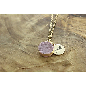 Sorority Shop GPB Necklace - Gamma Phi Beta Pink Druzy Gemstone Necklace With Engraved Pendant – 14K Gold Dipped Jewelry with Pink Gemstone – Sorority Gift, Charm Paraphernalia
