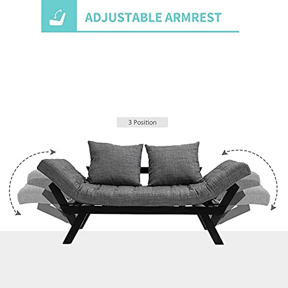 HOMCOM Single Person 3 Position Convertible Chaise Lounger Sofa Bed with 2 Large Pillows and Oak Frame, Dark Gray