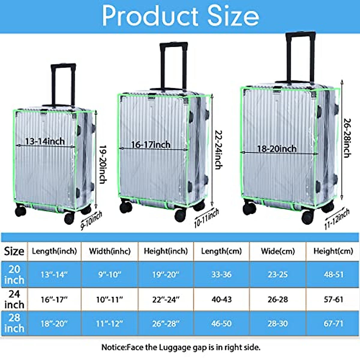 3 Pieces Clear PVC Suitcase Protector Waterproof Cover for Luggage Cover (Fluorescent Green Border, Regular Style)