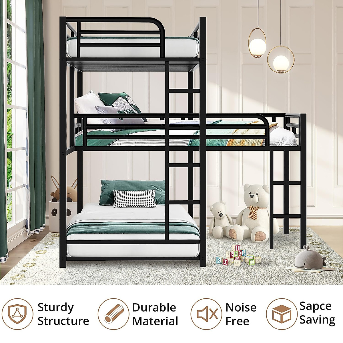 INCLAKE Metal Triple Bunk Bed, L-Shaped Bunk Bed for 3, Twin Size Bunk Bed Frame with Full-Length Guardrails & Long & Short Ladders, Space Saving Bunk Bed for Children, No Box Spring Needed, Black