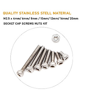 binifiMux 190pcs M2.5 Hex Socket Cap Screws and M2.5 Hex Nuts Assortment Kit with Wrench, 304 Stainless Steel Silver Tone