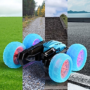 Remote Control Car Toys for Ages 8-12, 2.4Ghz RC Car with Headlights Wheel Lights, Off Road 4WD Rechargeable RC Stunt Car, RC Cars Toys Birthday for Kids Boys Girls (Blue)