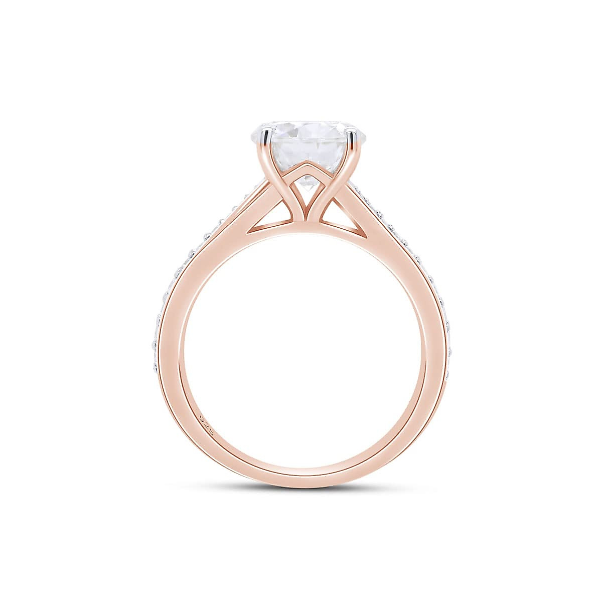 SAVEARTH DIAMONDS 2 Carat Round Cut Lab Created Moissanite Diamond Split Shank Solitaire Engagement Ring In 14K Rose Gold Plated 925 Sterling Silver Jewelry (G-H Color, 2.00 Cttw) Ring Size -6.5