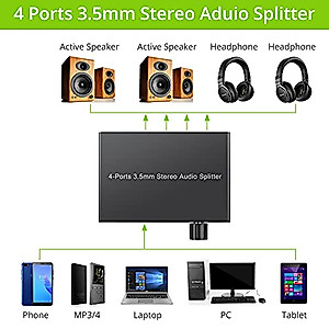 LiNKFOR 4 Port 3.5mm Stereo Audio Splitter, 3.5mm Audio Splitter Switcher Supports 4 Outputs Simultaneously with Volume Control for Passive Speaker, Headphone, PC, MP3, Laptop