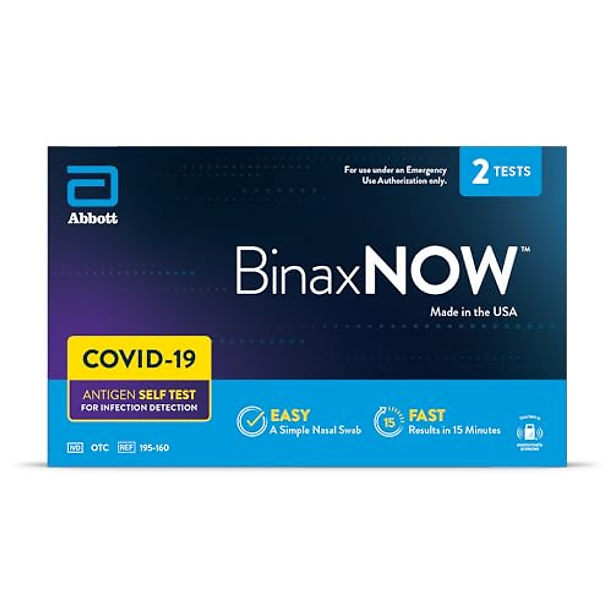 BinaxNOW COVID-19 Antigen Self Test, 1 Pack, 2 Tests Total, COVID Test With 15-Minute Results Without Sending to a Lab, Easy to Use at Home