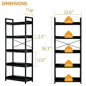 APPOLYN 5 Tier Bookshelf with 2 Hooks, Tall Bookcase, Modern Book Shelves Organizer, Bookshelves for Bedroom, Living Room and Home Office, Black