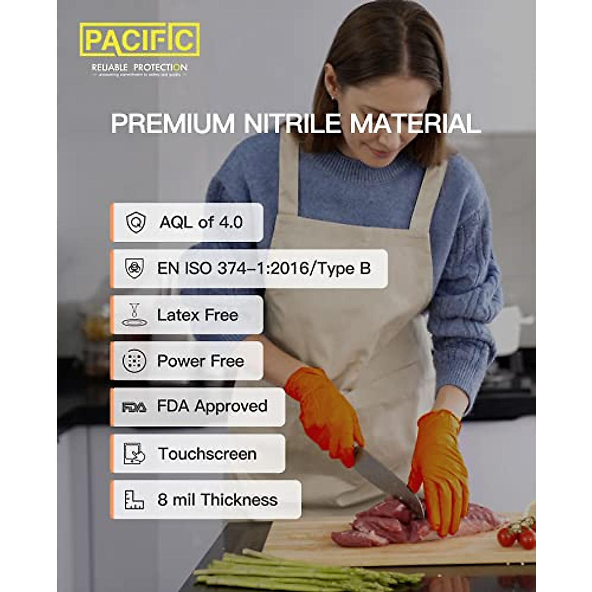 PACIFIC PPE Strength Nitrile Industrial Orange Gloves, 8 Mil, Diamond Texture Disposable Heavy-Duty, Powder Free, Large, 100 Count