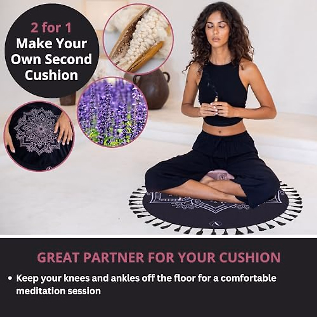 Aila Meditation Pillow Set With Mat & Extra Cushion Cover – Luxurious Meditation Accessories Spiritual Decor Round Zafu Cushion Meditation Chair – Meditation Floor Pillow for Women Yoga and Meditation