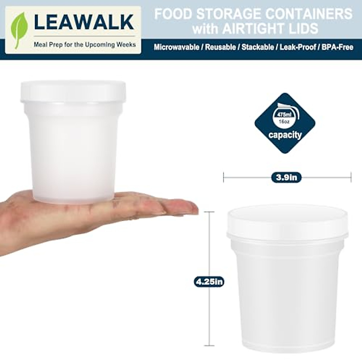 LEAWALK Plastic Deli Containers with Lids 16oz 48PACK,Freezer Food Storage Containers, Slime, Soup, Meal Prep Containers, BPA- Free,Stackable, Leakproof, Microwave,Dishwasher,Freezer Safe