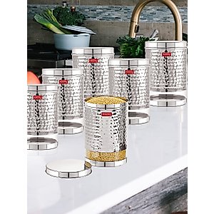 HAZEL Stainless Steel Container For Kitchen Storage Hammered Finish Transparent See Through Glossy Storage Jar Dabba, Set of 6, 2200 ML, Silver