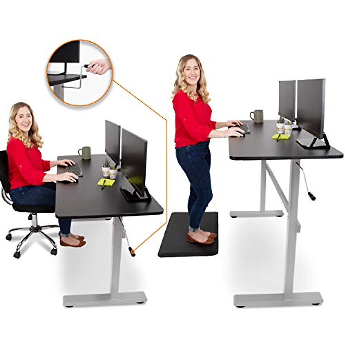 Stand Steady Tranzendesk 55 Inch Standing Desk | Easy Crank Height Adjustable Sit to Stand Workstation | Modern Ergonomic Desk Supports 3 Monitors | Great for Home & Office! (Black Top/Silver Frame)