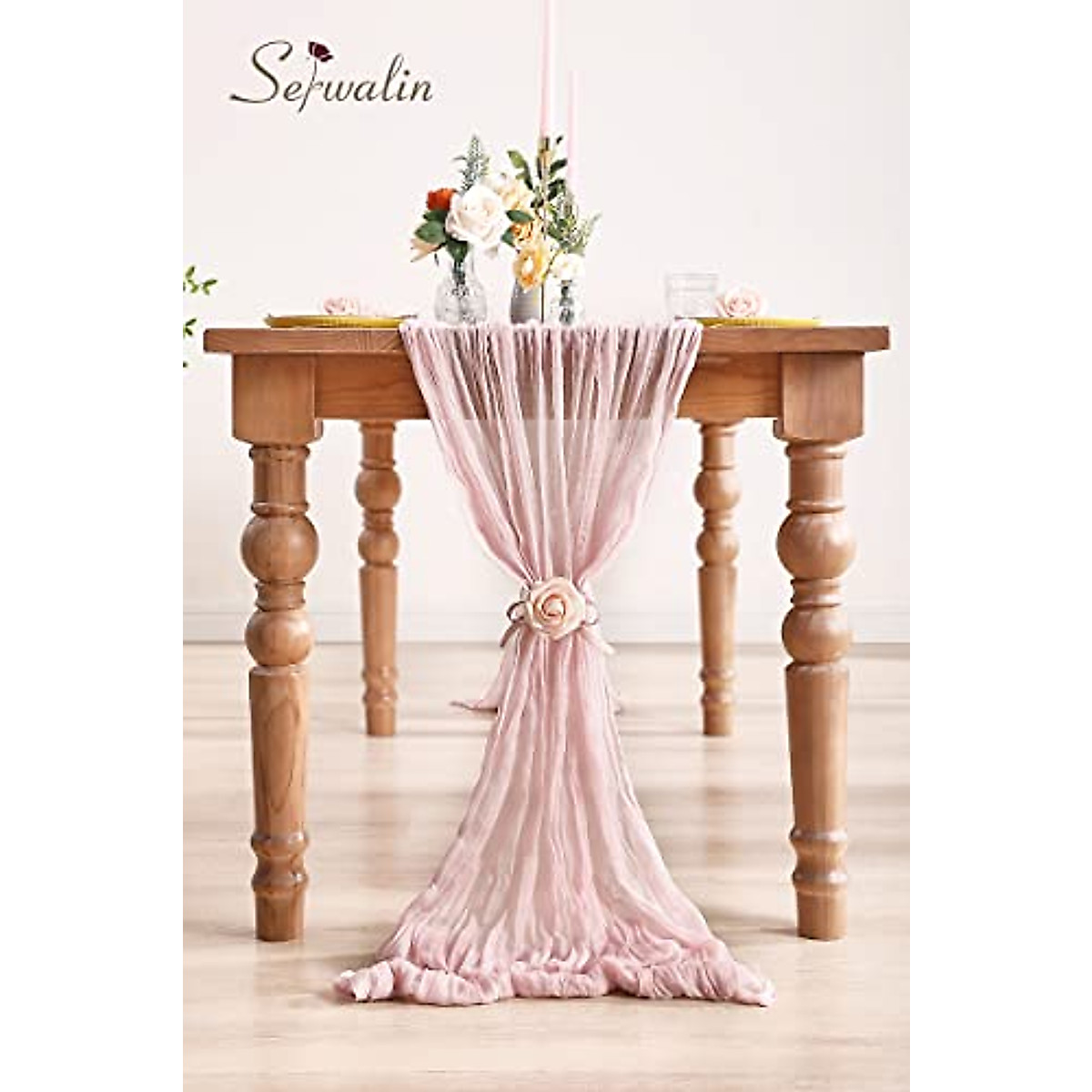 Serwalin Cheesecloth Table Runner 13ft x 35" Gauze Table Runner for Wedding Reception Bridal Shower Baby Shower,Long Pink Table Runner 157” x 35”Rustic Boho Party Table Decor
