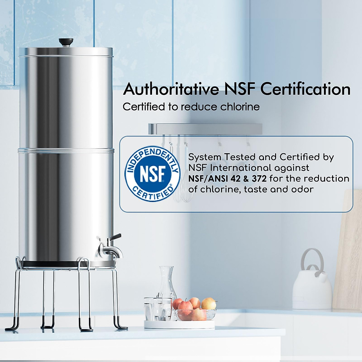 Purewell 3-Stage 0.01μm Ultra-Filtration Gravity Water Filter System, NSF/ANSI 42&372 Certification, 304 Stainless Steel Countertop System with 2 Filters and Stand, Reduce 99% Chlorine, 2.25G, PW-OB