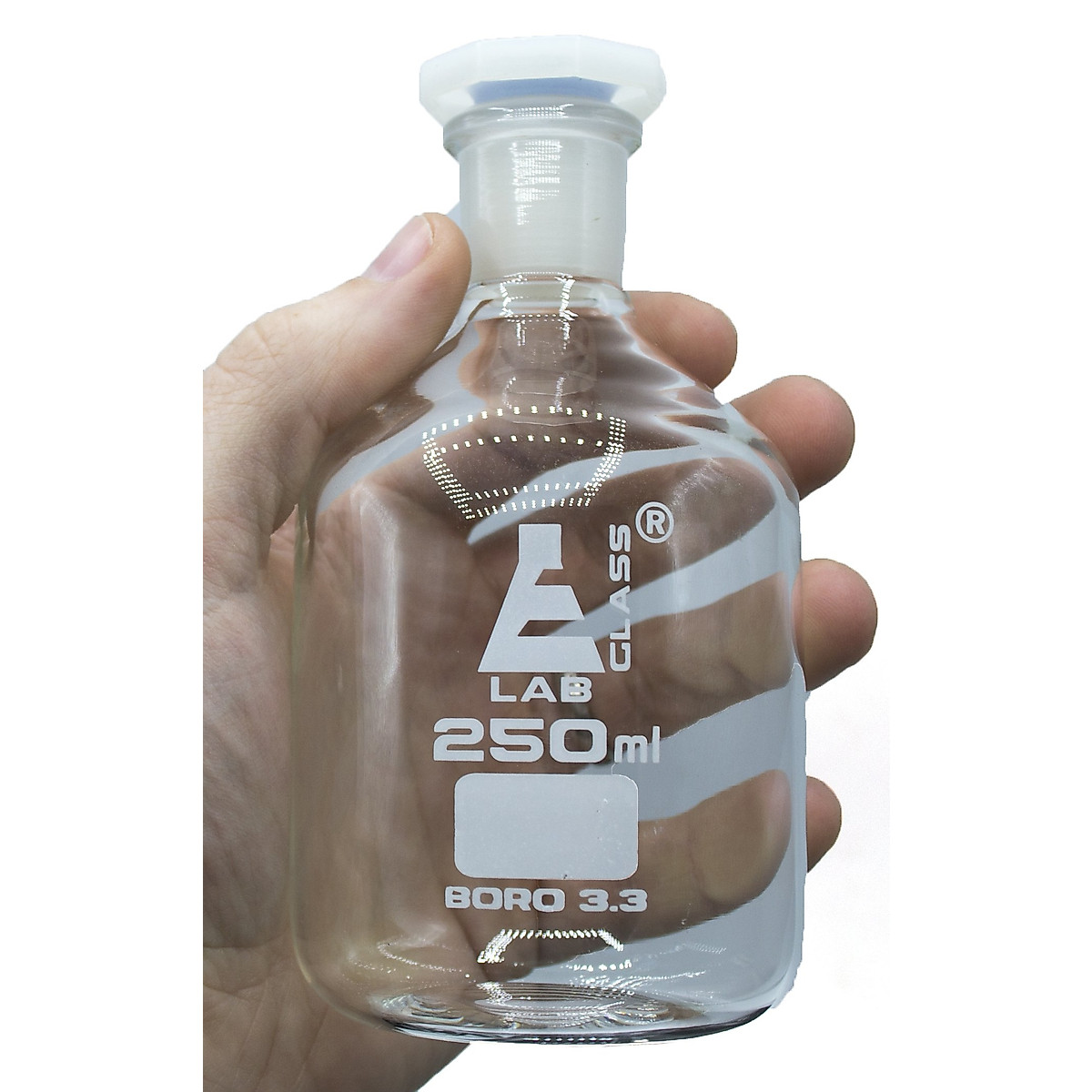EISCO 250mL (8.4oz) Glass Reagent Bottle with Acid Proof Polypropylene Stopper, Borosilicate 3.3 Glass Labs