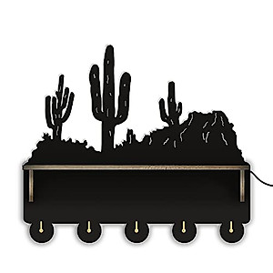The Geeky Days Cliffs Cactus Key Holder for Wall, Desert Plant Wooden Wall Mounted Hat Coat Rack with Mail Medal Organizer Shelf, 5 Metal Hooks Hanger, for Closet Door Hanging Rustic Home Decor