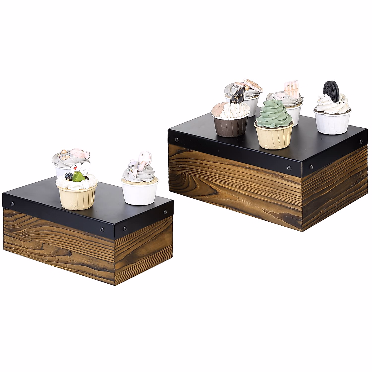 MyGift Solid Burnt Wood Cupcake Holder Cake Stand with Black Metal Top, Decorative Buffet Desserts and Appetizer Server Display Riser, Set of 2