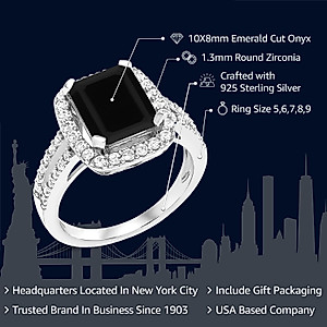 Gem Stone King 925 Sterling Silver Black Onyx Engagement Ring For Women (3.75 Cttw, Emerald Cut 10X8MM, Gemstone Birthstone, Available in size 5, 6, 7, 8, 9)