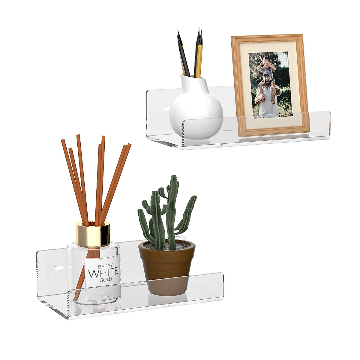 Hexsonhoma 7'' Clear Acrylic Wall Shelf 2 Pack, Acrylic Floating Shelves, Acrylic Small Shelf for Books, Home Décor, Digital Clock, Speaker, Wine Bottle